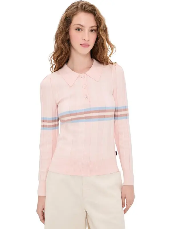 ROWING BLAZERS Knit Intarsia Stripe Long Sleeve Polo - Pink
