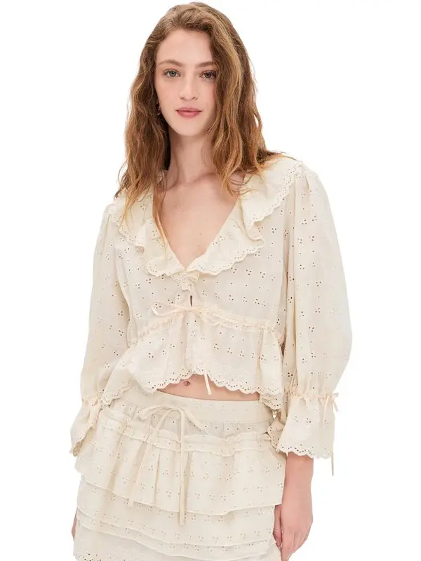 WAYF Sophia Ruffle Eyelet Top - Beige