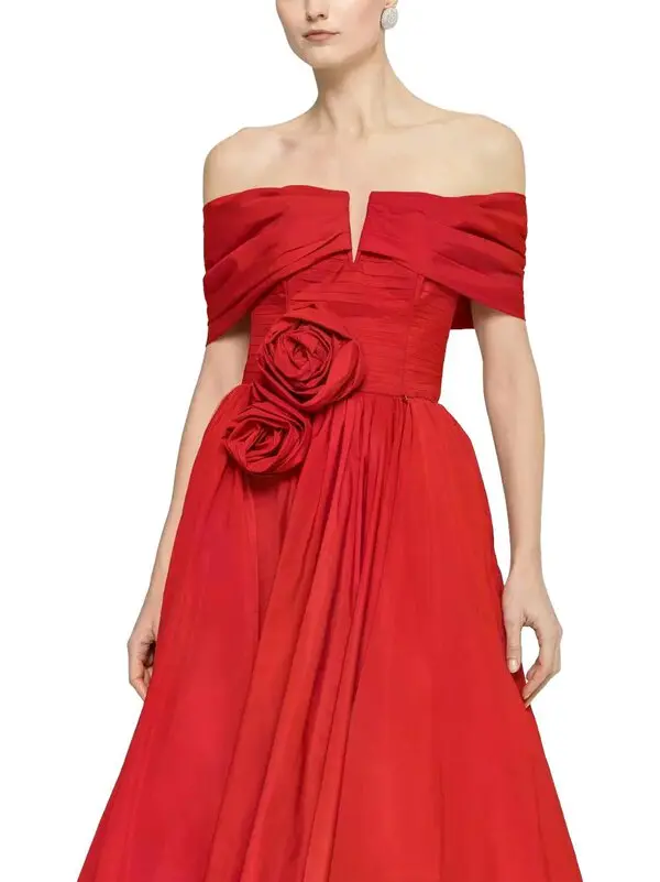 NISSA Floral Off-shoulder Dress - Red