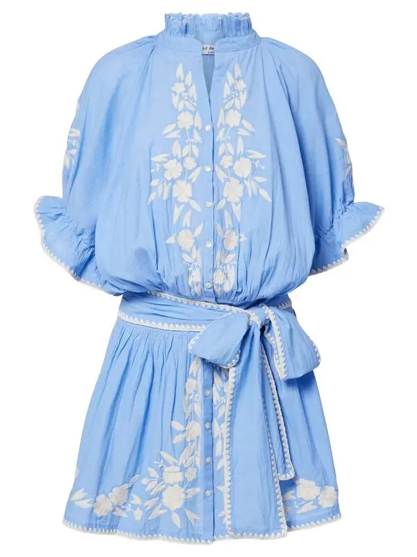 JULIET DUNN Embroidered Cotton Chambray Mini Dress - Blue