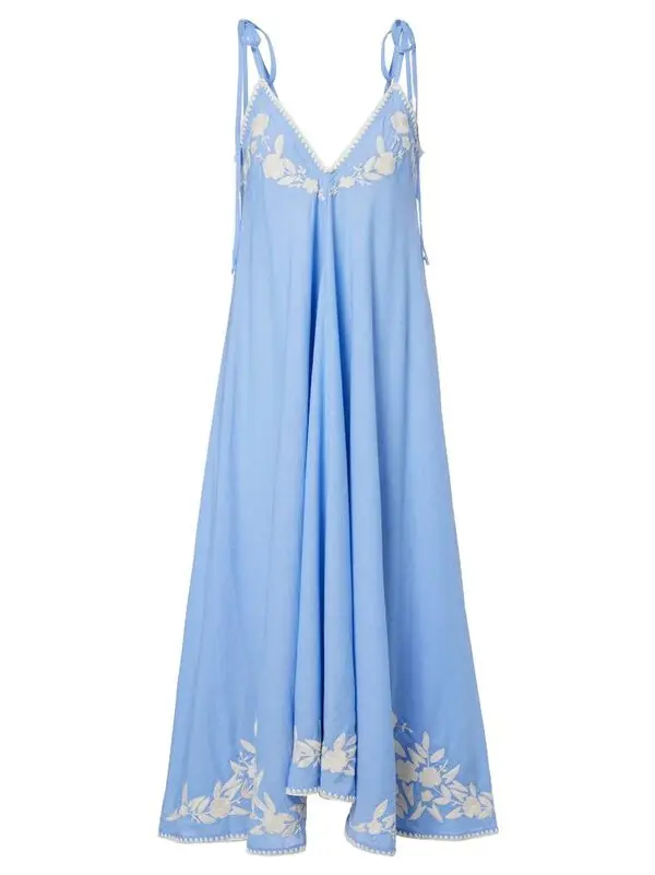 JULIET DUNN Embroidered Cotton And Linen Chambray Midi Dress - Blue
