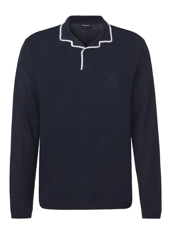 Giorgio Armani Linen And Silk Blend Polo Sweater - Blue