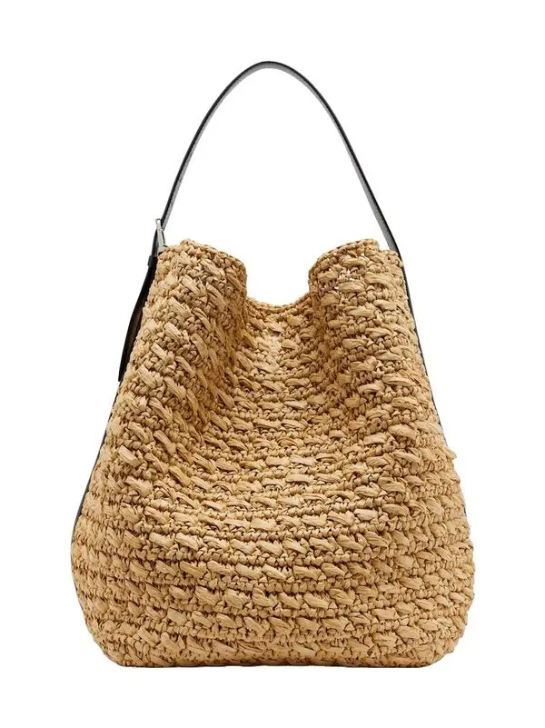 TOTEME Leather-trimmed Raffia Bucket Bag - Beige