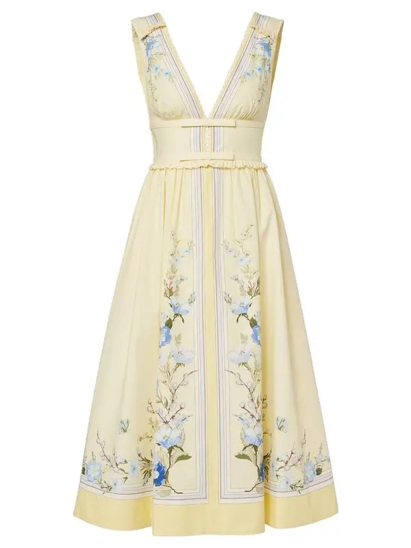 SELF-PORTRAIT Floral Cotton Poplin Midi Dress - Yellow