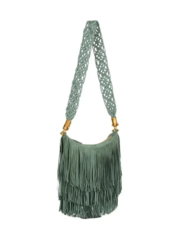 Balmain Fringed Suede Hobo Bag - Green