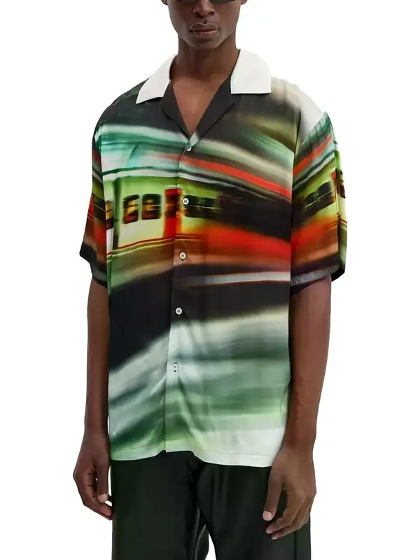 MSGM Contrast-collar Graphic-print Shirt - Black