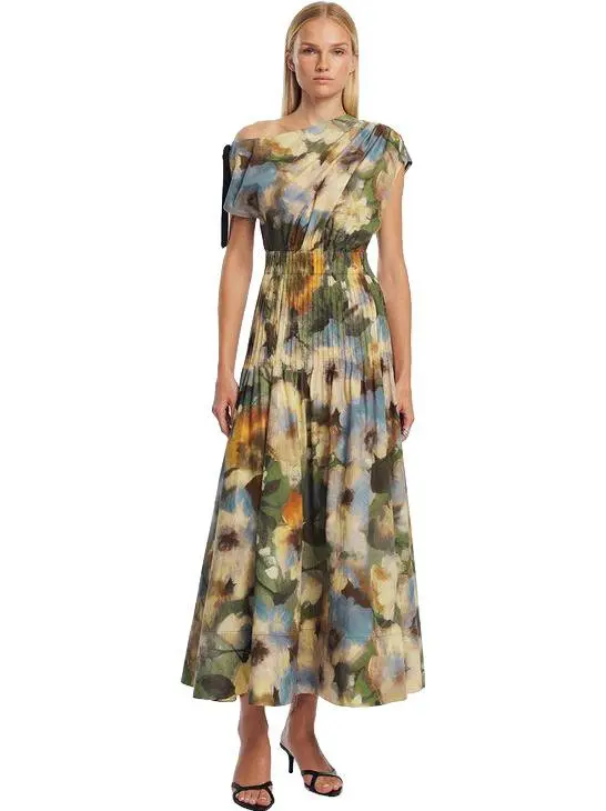 Lela Rose Printed Cotton Draped Shoulder Pleated Dress - Floral