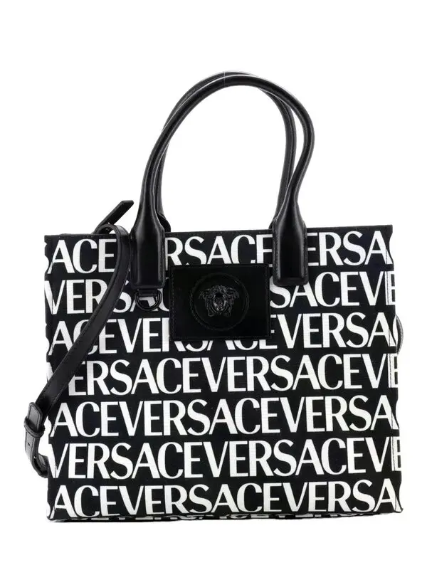 Versace La Medusa All Over Logo Canvas Small Tote Bag - Black