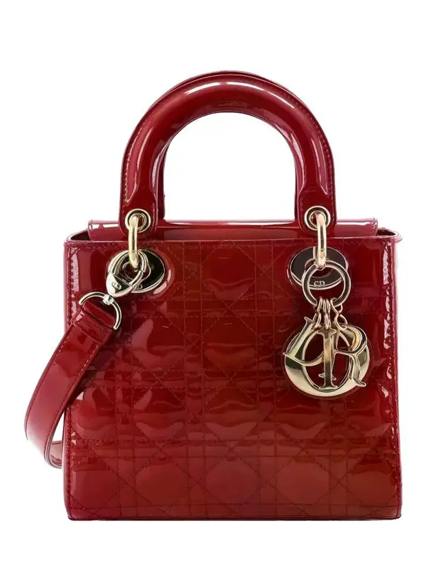 Dior Lady Bag Cannage Quilt Patent Small Satchel - Red