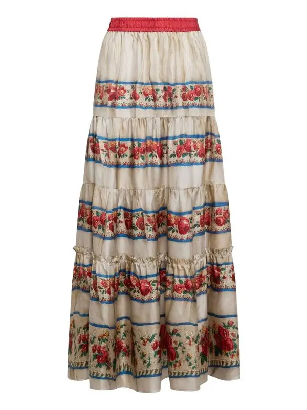 PIERRE-LOUIS MASCIA Printed Silk Tiered Skirt - Red