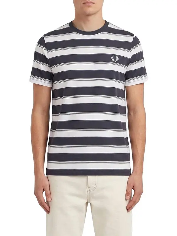 Fred Perry Striped Cotton T-shirt With Logo - Grey