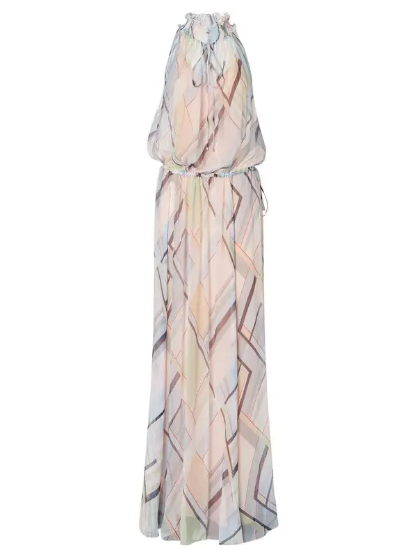Fendi Printed Maxi Stripes Silk Crepon Chiffon Long Dress - Multicolour