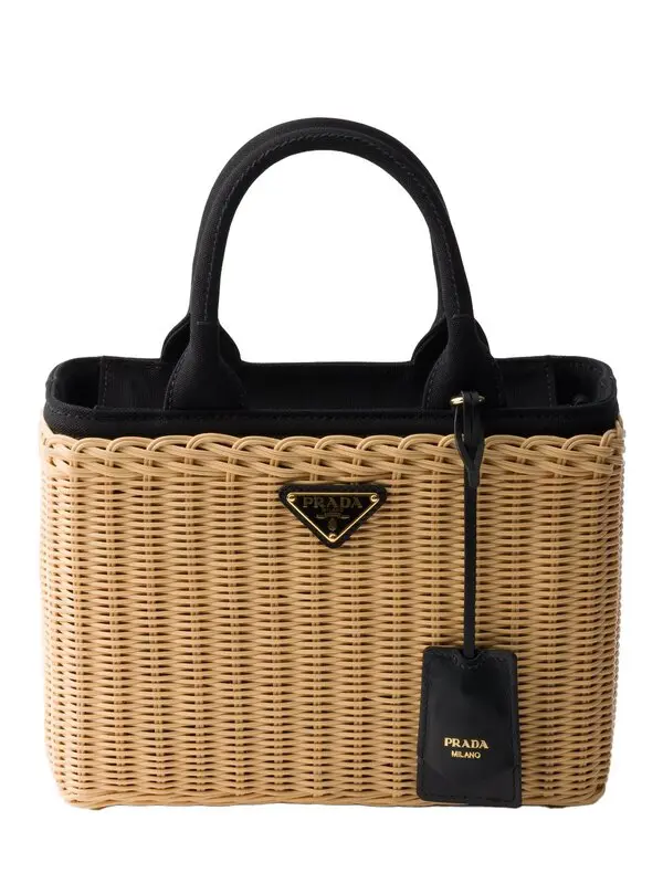 Prada Wicker And Canvas Tote Bag - Neutral