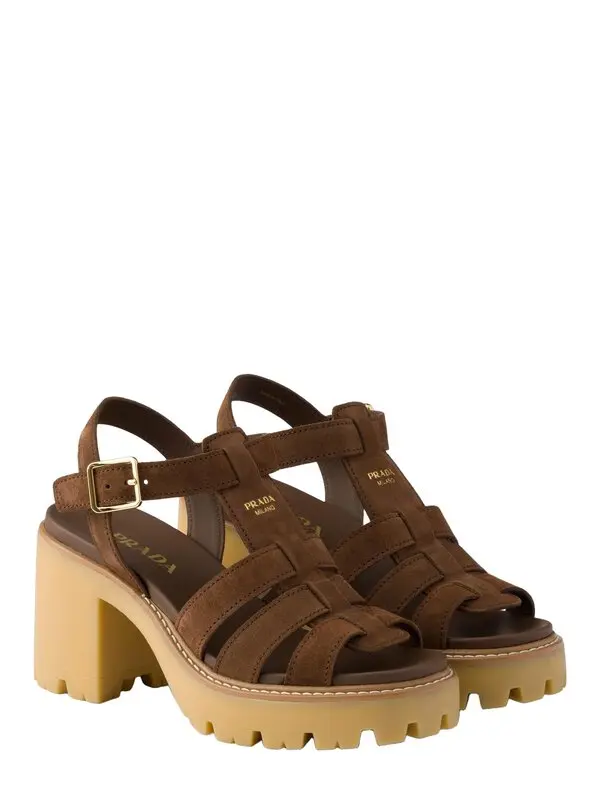 Prada High-heeled Suede Platform Sandals - Brown
