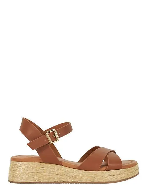 DUNE Littleton Leather Raffia Flatform Sandals - Tan Leather