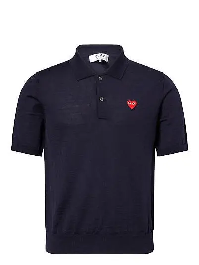 Play Comme Des Garcon Embroidered-logo Wool-knit Polo Shirt - Navy