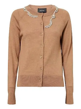 Simone Rocha Crystal-embellished Merino Wool-blend Cardigan - Chestnut Pearl Clear