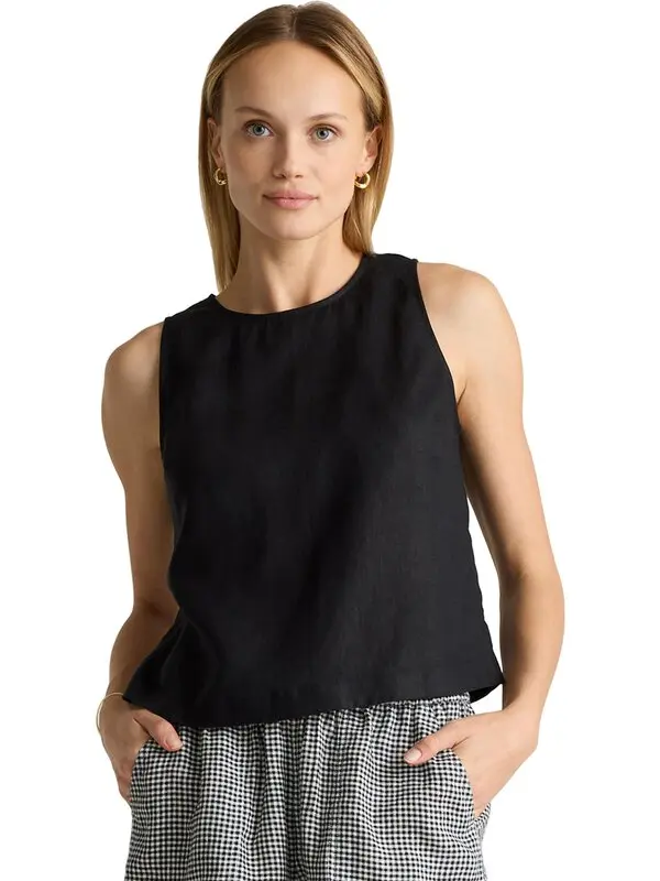 Quince Linen Cropped Tank Top - Black