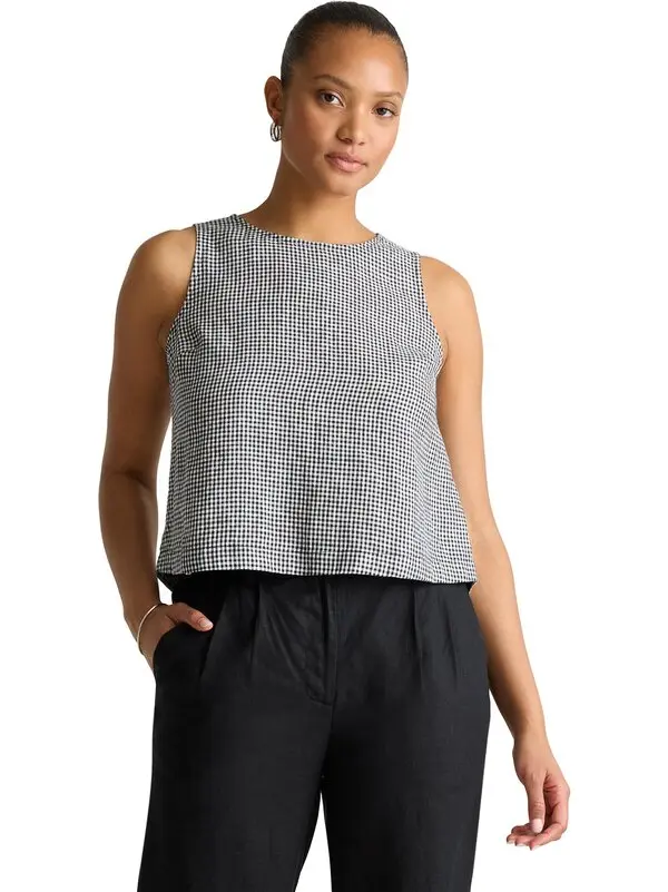 Quince 100% European Linen Cropped Tank Top - Classic Mini Gingham
