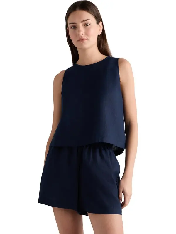 Quince 100% European Linen Cropped Tank Top With Italian Horn Buttons - Deep Navy