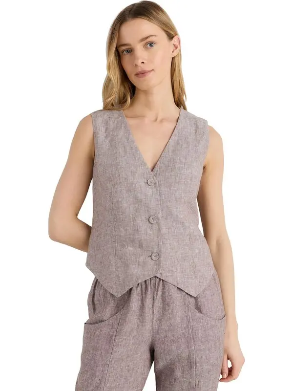 Quince 100% European Linen Vest - Taupe Brown Chambray