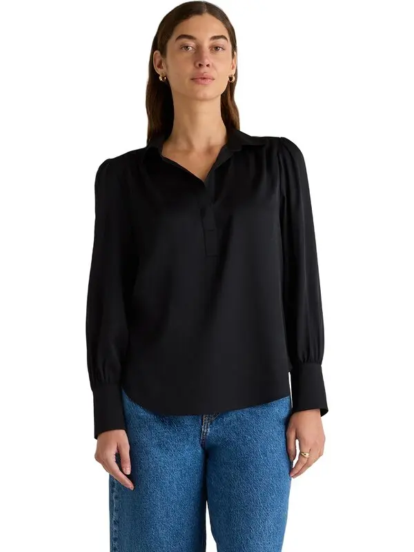Quince Washable Stretch Silk Split Neck Blouse - Black