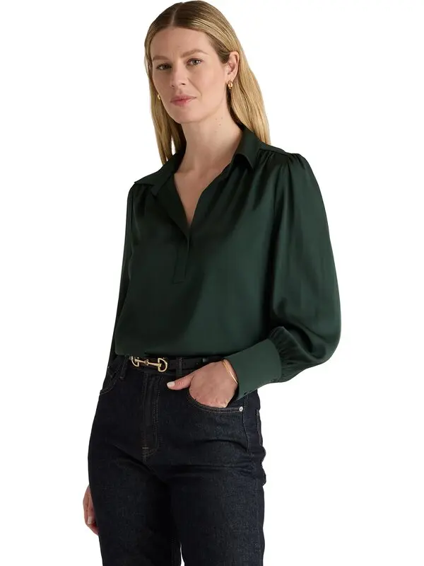 Quince Washable Stretch Silk Split Neck Blouse - Forest Green