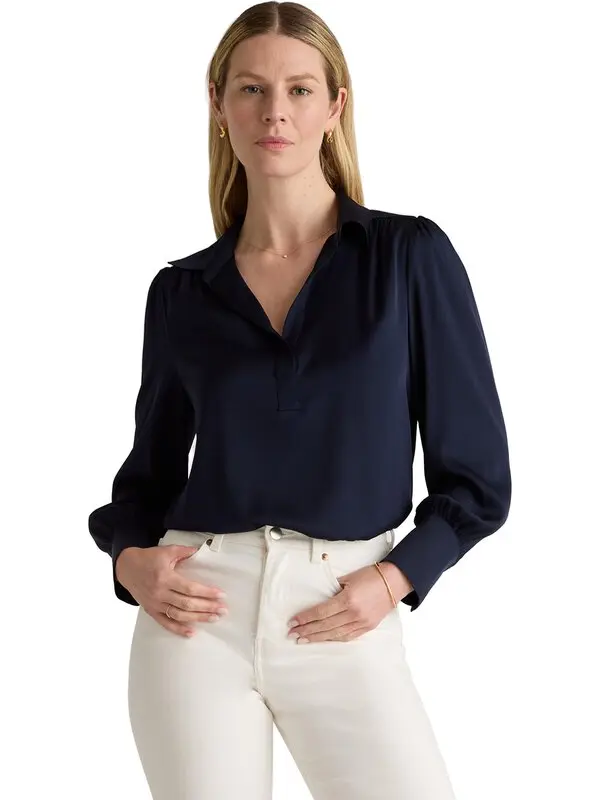Quince Washable Stretch Silk Split Neck Blouse - Navy