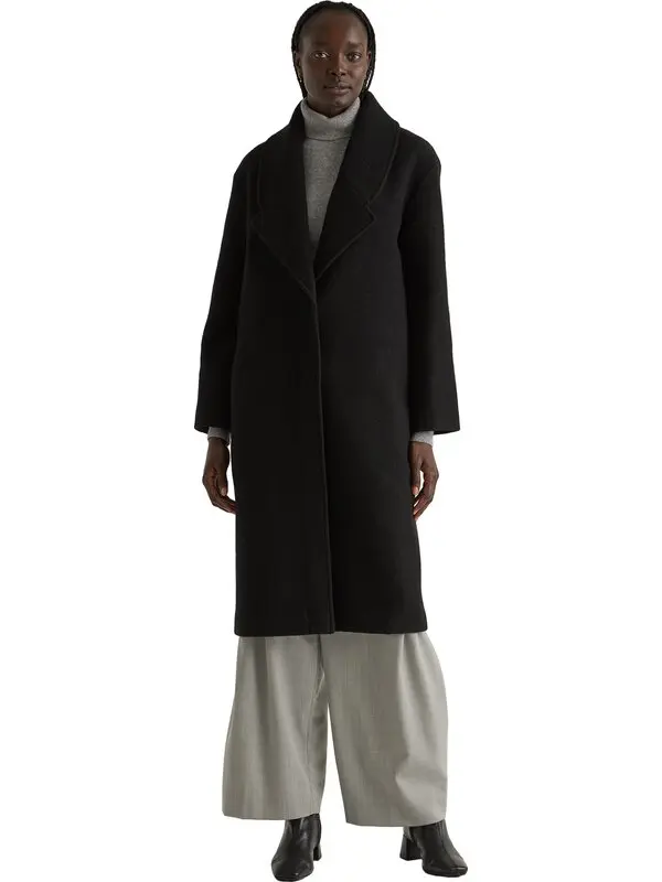 Quince 100% Merino Wool Shawl Collar Long Coat - Black