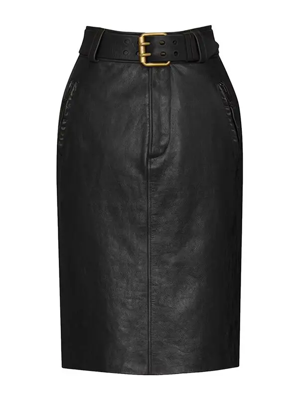 Saint Laurent Belted Pencil Leather Skirt - Black