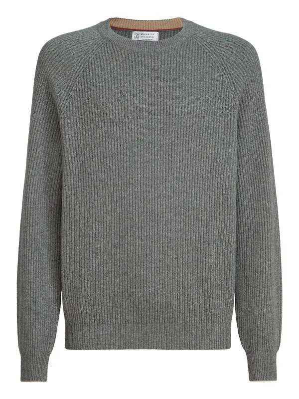 Brunello Cucinelli Cashmere Ribbed Raglan Sleeve Sweater - Grey