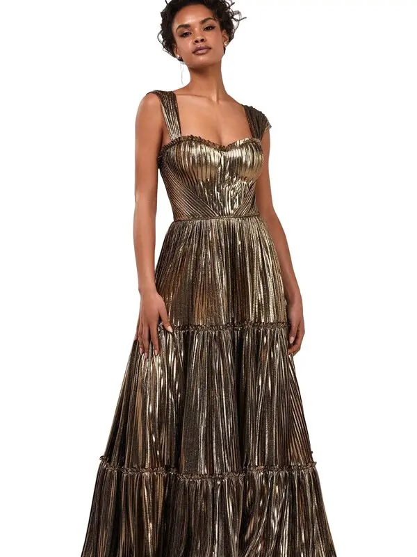 MILLA Plisse Maxi Evening Dress - Golden