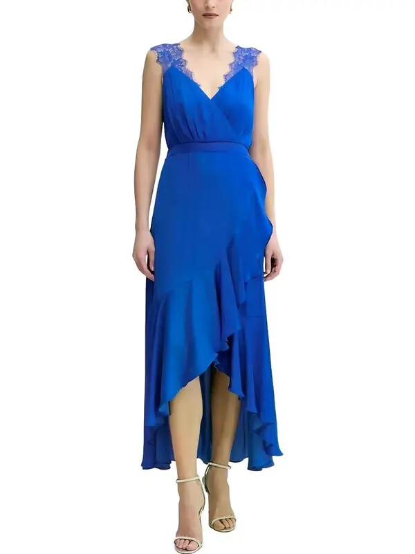 MORGAN Rorla Ruffled Lace Trim V-neck Wrap Dress - Blue