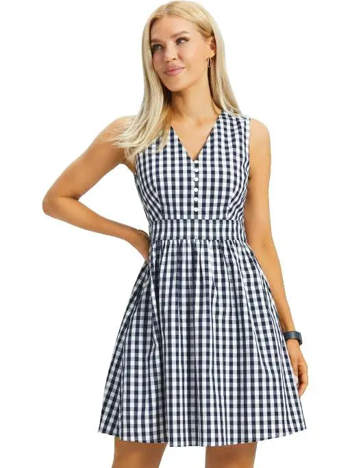 Betabrand Gingham Fit And Flare Dress - Navy