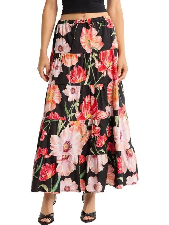 WAYF Floral Tiered Midi Skirt - Black Poppies