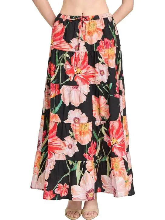 WAYF Floral Tiered Midi Skirt - Black Poppies