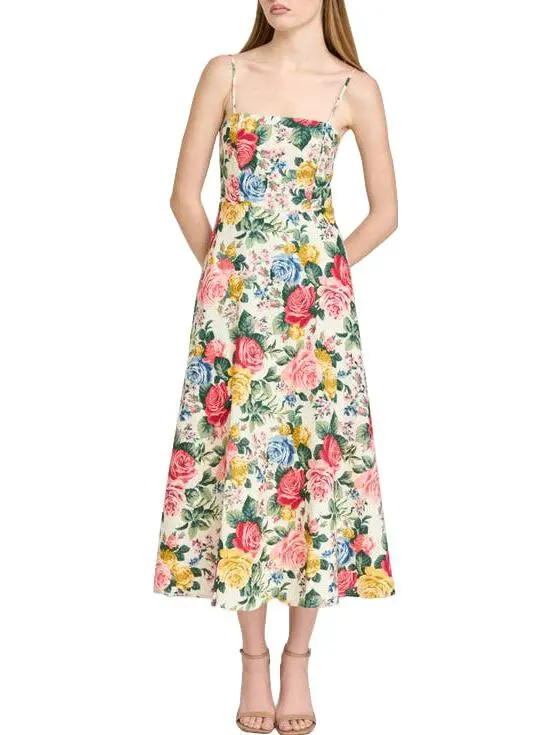 WAYF Josefina Floral Linen Blend Midi Dress - Ivory Roses