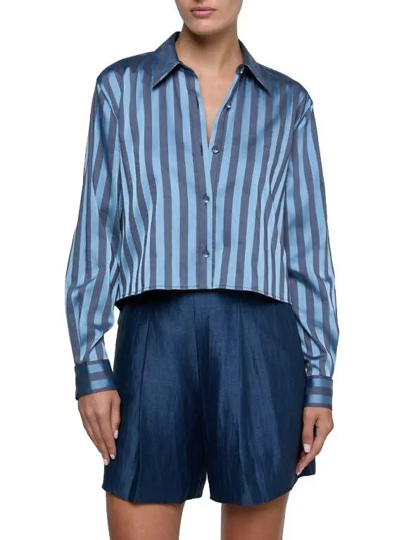 L'Agence Cosette Stripe High-low Crop Button-up Shirt - Blue Multi Stripe