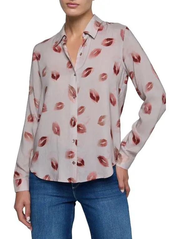 L'Agence Holly Lips Print Shirt - Taupe/dark Red Kiss