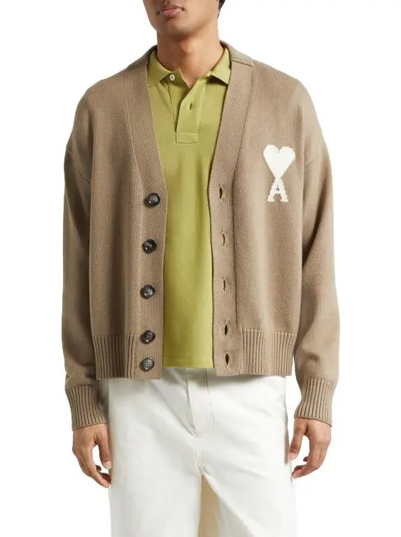 Ami De Coeur Intarsia Wool & Cotton Cardigan - Beige Taupe/ecru