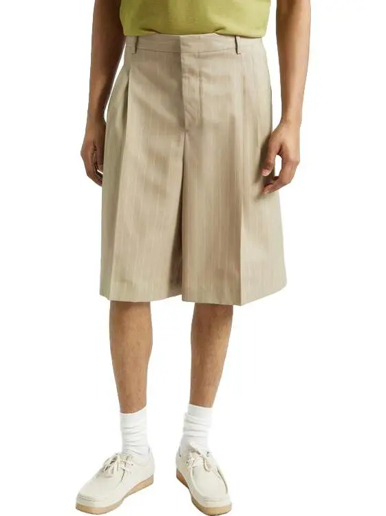 Ami Pleated Pinstripe Bermuda Shorts - Beige Taupe/blanc Creme