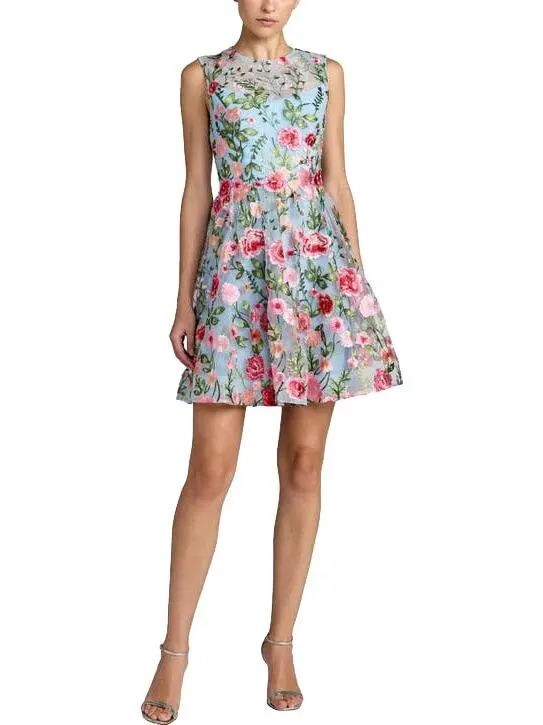 Mac Duggal Floral Embroidered A-line Mini Dress - Powder Blue Multi