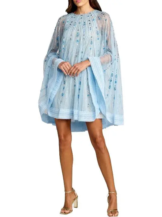 Mac Duggal Hand-beaded Lace Trapeze Mini Dress With Cape Sleeves - Powder Blue Nude