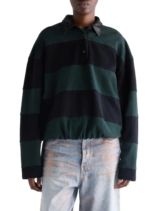 Acne Studios Striped Organic Cotton Fleece Polo Sweatshirt - Forest Green/black