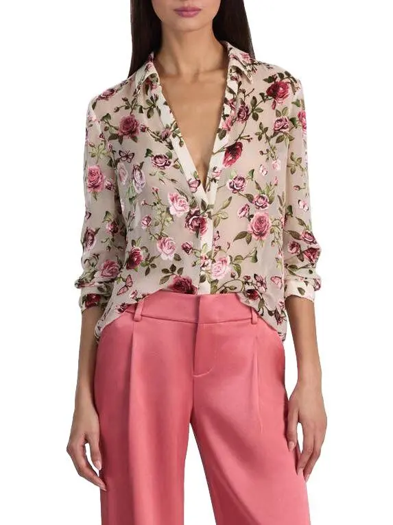 Alice + Olivia Eloise Floral Silk Button-up Shirt - Garden Gossip Off White