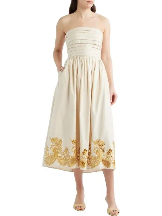 CECE DUPRAZ Embroidered Pintuck Strapless Maxi Dress - Soft Ecru