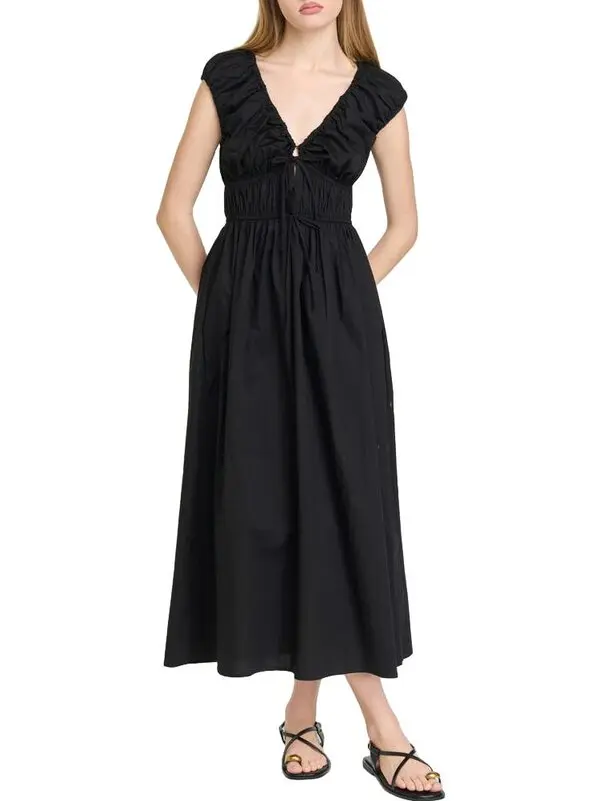 WAYF Ruched Stretch Cotton Poplin Midi Dress - Black