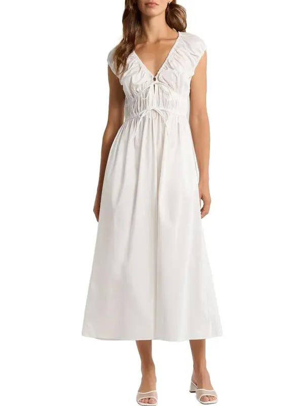 WAYF Ruched Stretch Cotton Poplin Midi Dress - Ivory