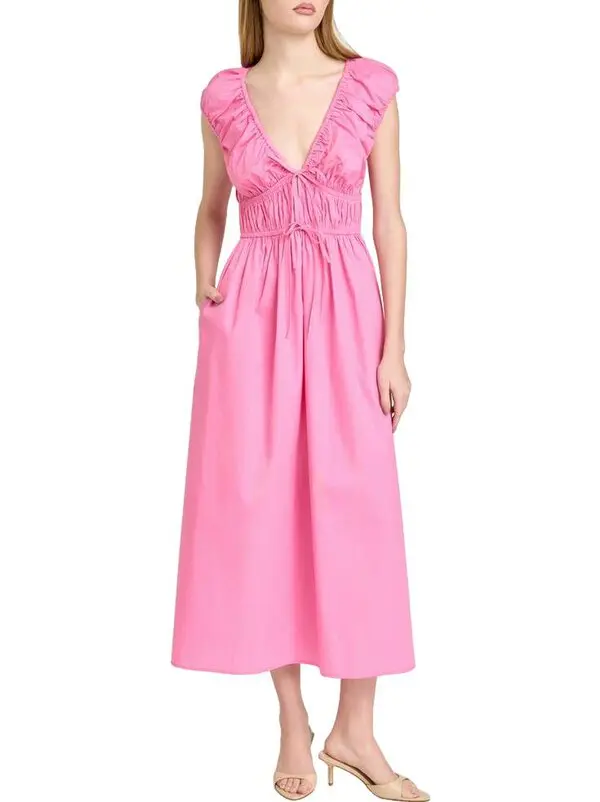 WAYF Ruched Stretch Cotton Poplin Midi Dress - Poppy Pink