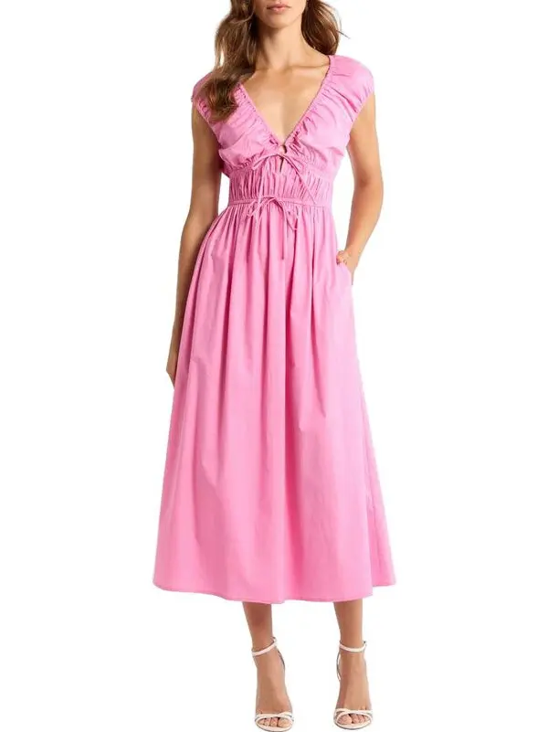 WAYF Ruched Stretch Cotton Poplin Midi Dress - Poppy Pink